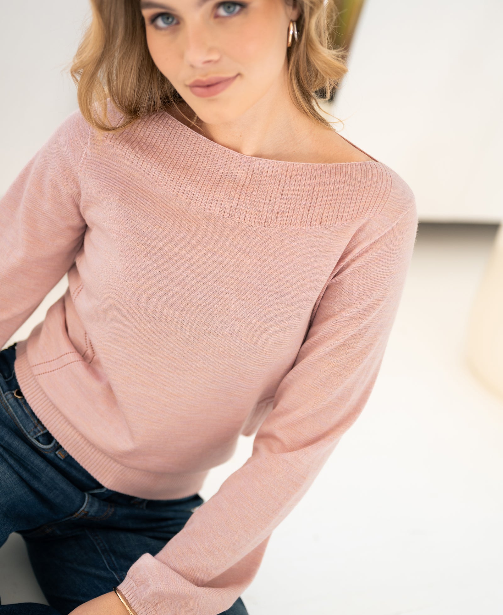 Roze merinowollen boothals trui LA MUSE | PLEIN PUBLIQUE